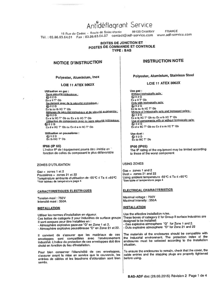 ADF SERVICE - Notice Instruction - ATEX Boite BAS | PDF