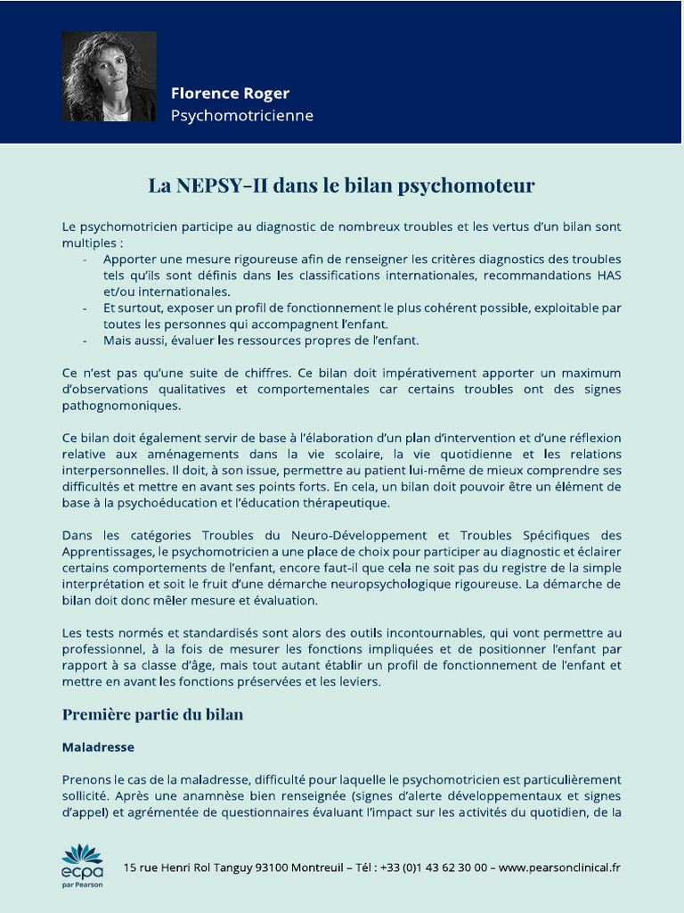Nepsy II Bilan Psychomoteur | PDF