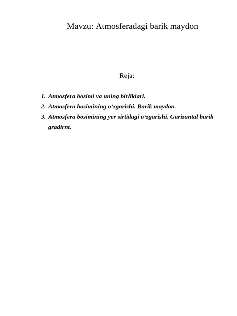 Atmosfera Bosimi Va Uning Birliklari. Atmosfera Bosimining o Zga | PDF