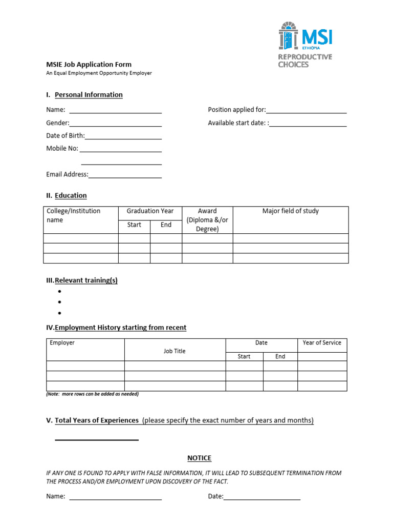 MSIE Job Application Form | PDF