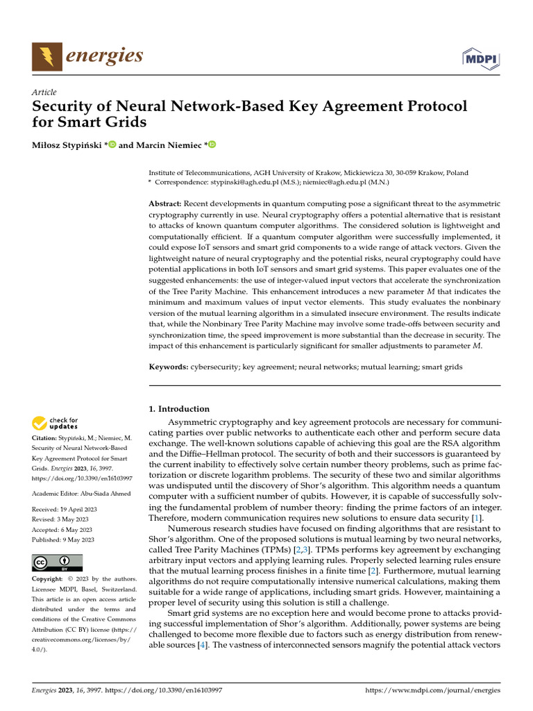 2023 - Security of Neural Network-Based Key Agreement Protocol For Smart Grids | PDF | Applied ...