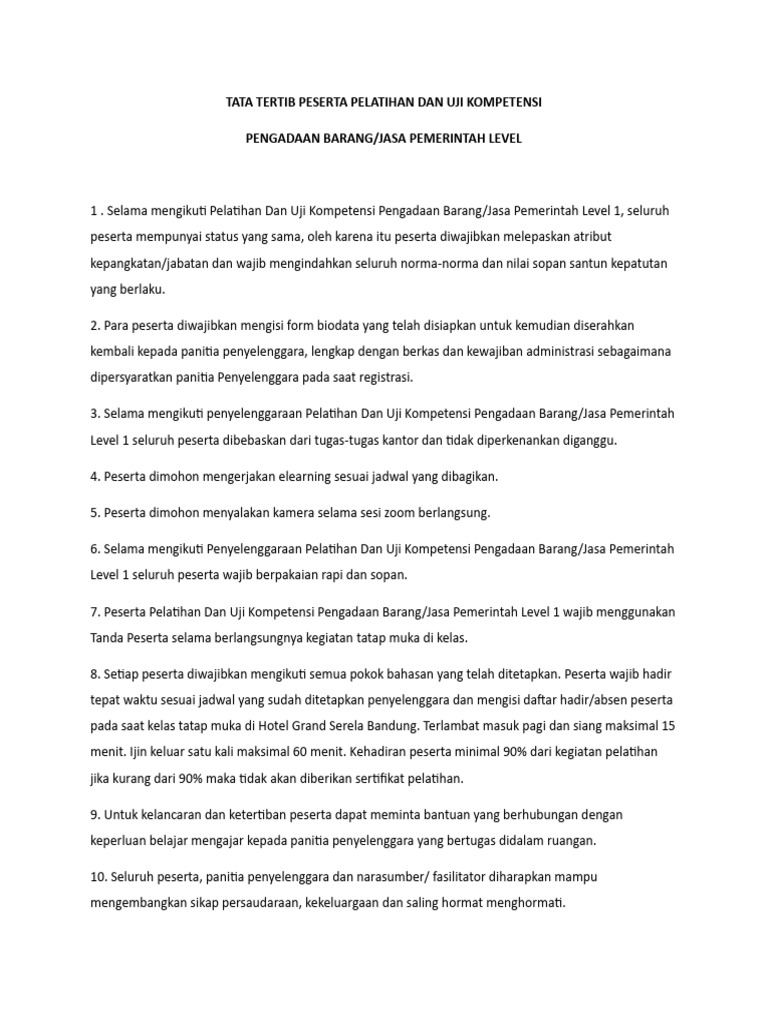Tata Tertib Peserta Pelatihan PBJ Level 1 | PDF
