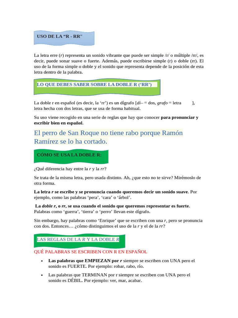 Uso y reglas de la letra RR en español | PDF | Lengua española ...