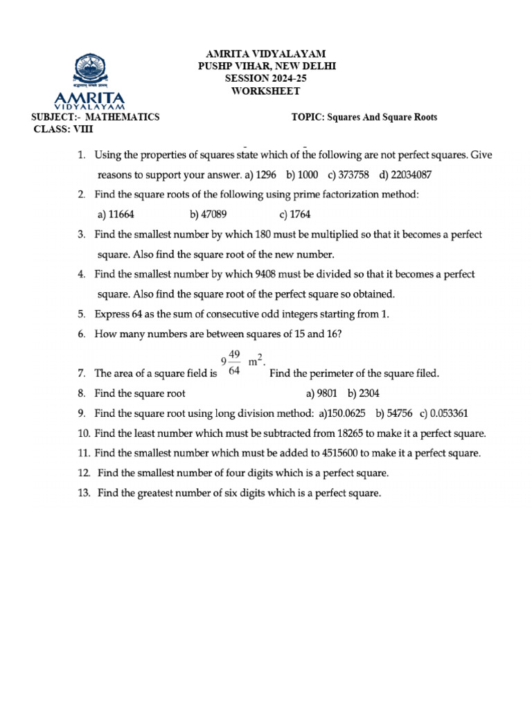 Class 8 SQUARE AND SQUARE ROOT | PDF