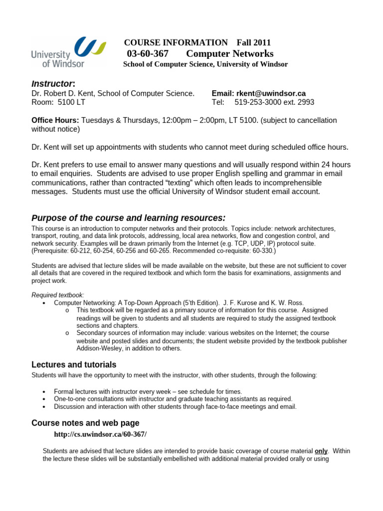 367outlinefall2011 Pdf Computer Network Internet Protocol Suite 1040