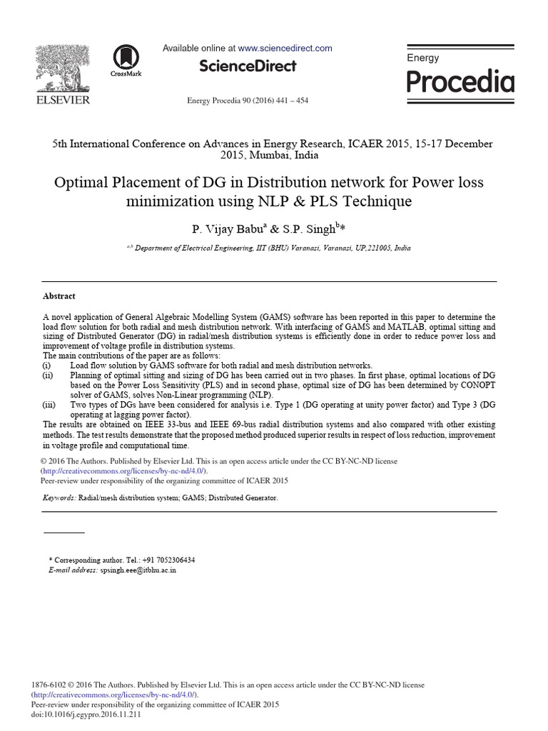 Optimal Placement Of Dg In Distribution Network For Power Loss
