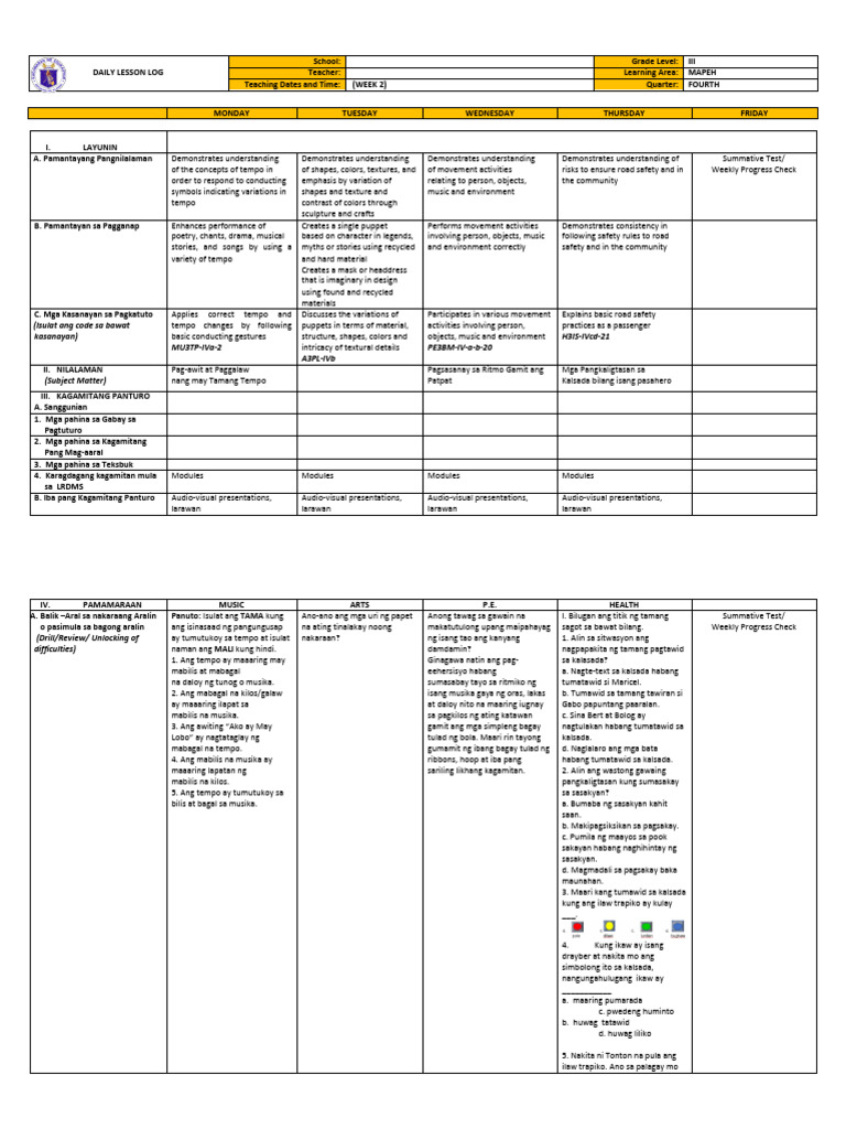 Q4 - Mapeh - DLL - Week 2 | PDF