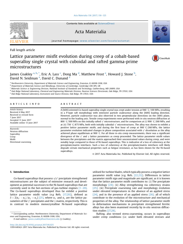 Lattice Parameter Misfit Evolution During Creep of A Cobalt-Based ...