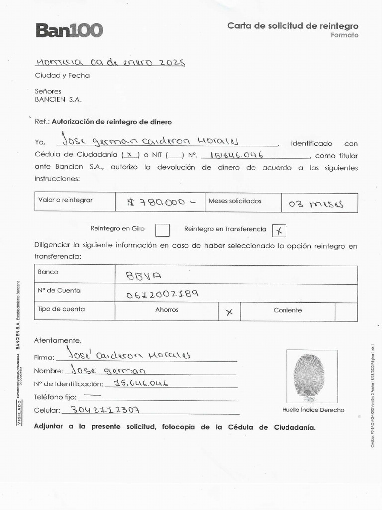 Carta Solicitud Reintegro BAN 100 | PDF