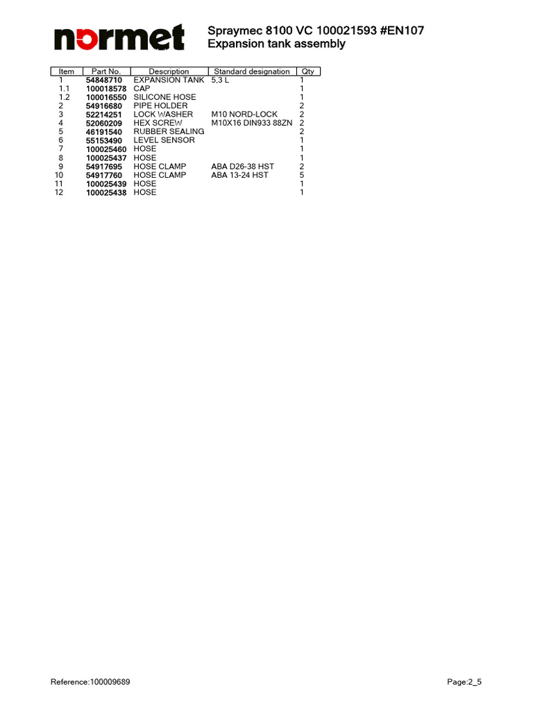 Spraymec 8100 VC Expansion Tank Parts List | PDF