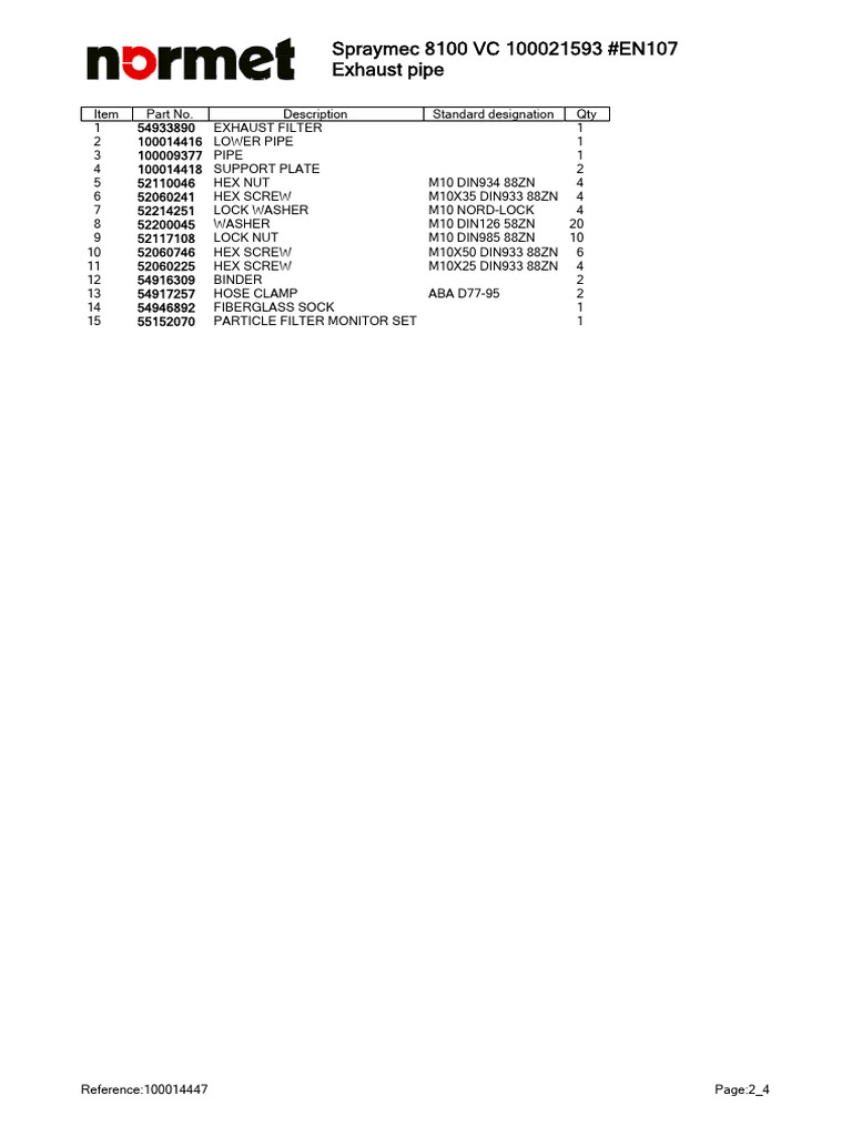 Spraymec 8100 VC 100021593 #EN107 Exhaust Pipe | PDF