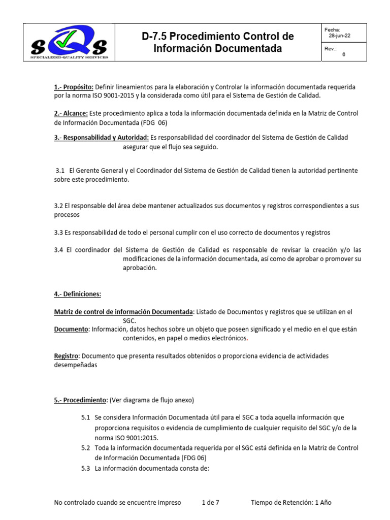 PROC D-7.5 Procedimiento Control de Información Documentada Rev 6 | PDF | Sistema de manejo de ...