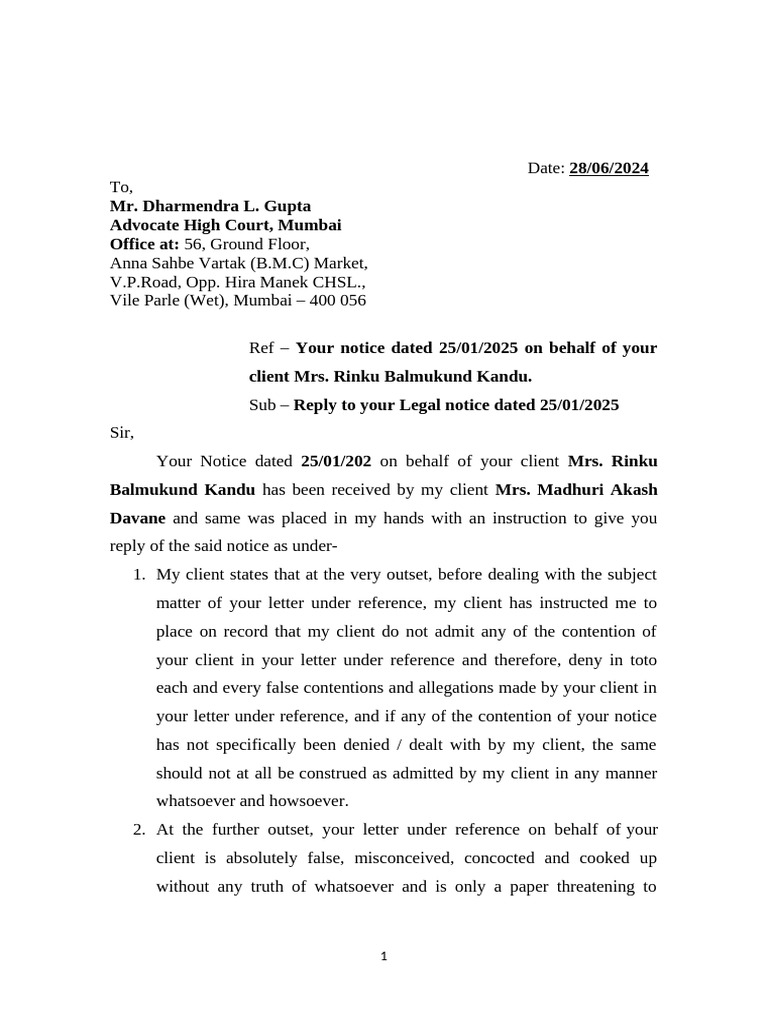 Reply To Legal Notice For Cheque Bounce (Maduri Damne) | PDF | Cheque | Common Law