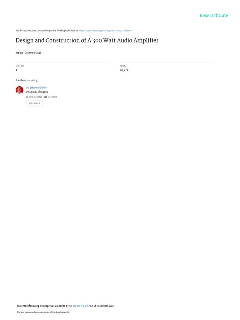 Design and Construction of A 300 Watt Audio Amplifier: December 2015 | PDF | Amplifier | Rectifier