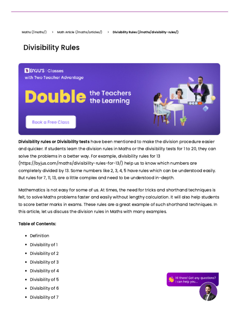 Divisibility Rules From 1 To 13 - Division Rules in Maths | PDF ...