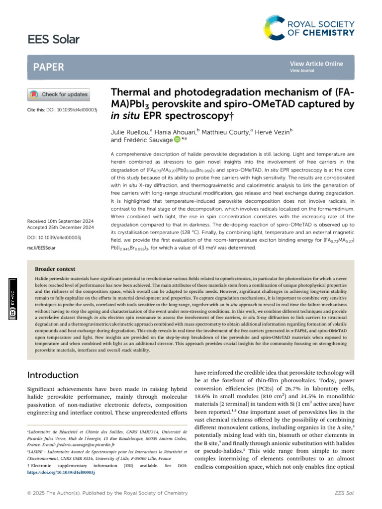 2025, EES Solar, RSC, Julie Ruellou | PDF | Electron Paramagnetic Resonance | Thermogravimetric ...