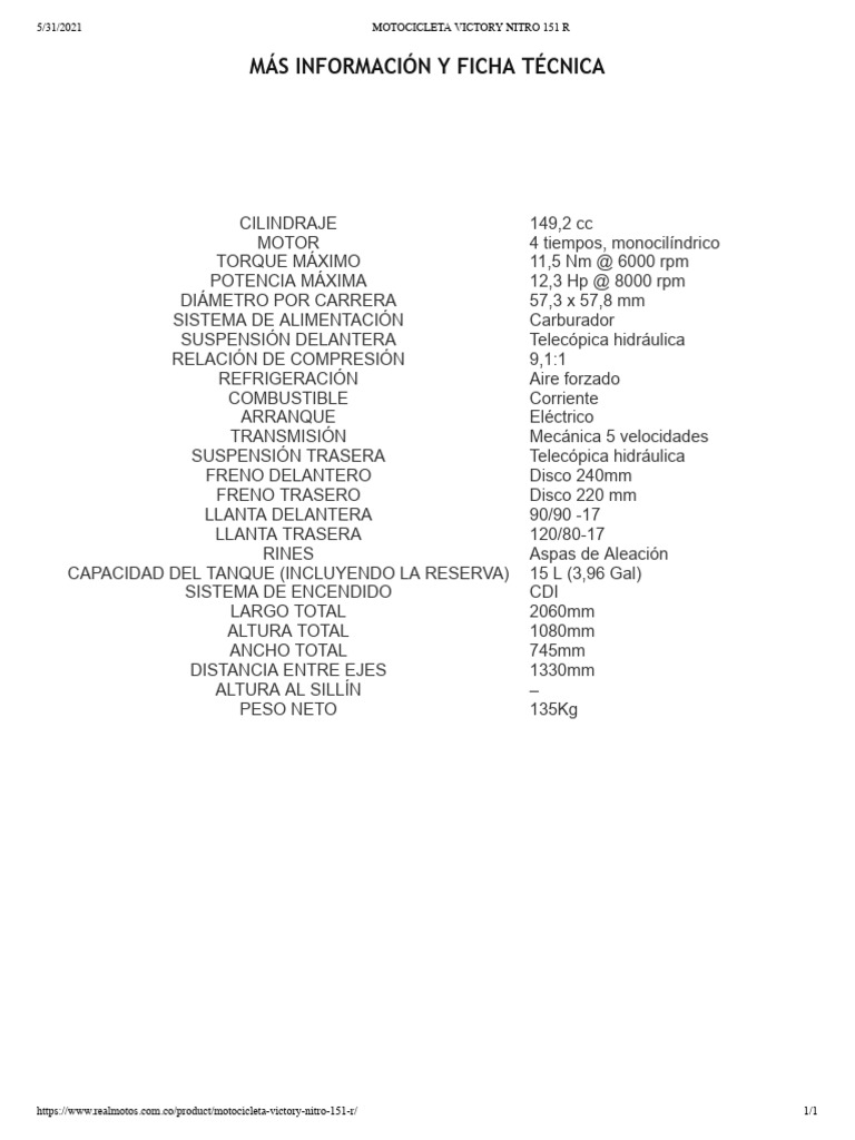 Ficha Tecnica Victory Nitro 151r | PDF | Tecnología de vehículos ...