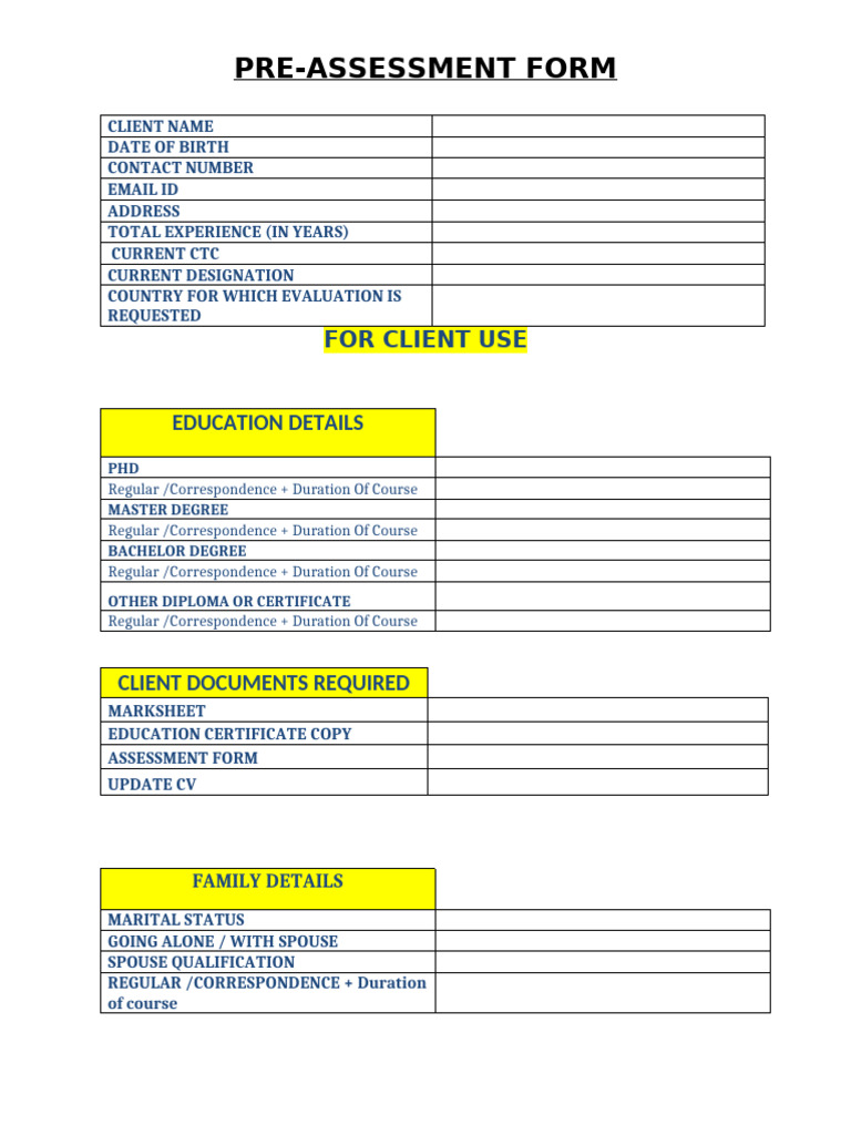 Madhav Dreams Pre Assessment Form | PDF