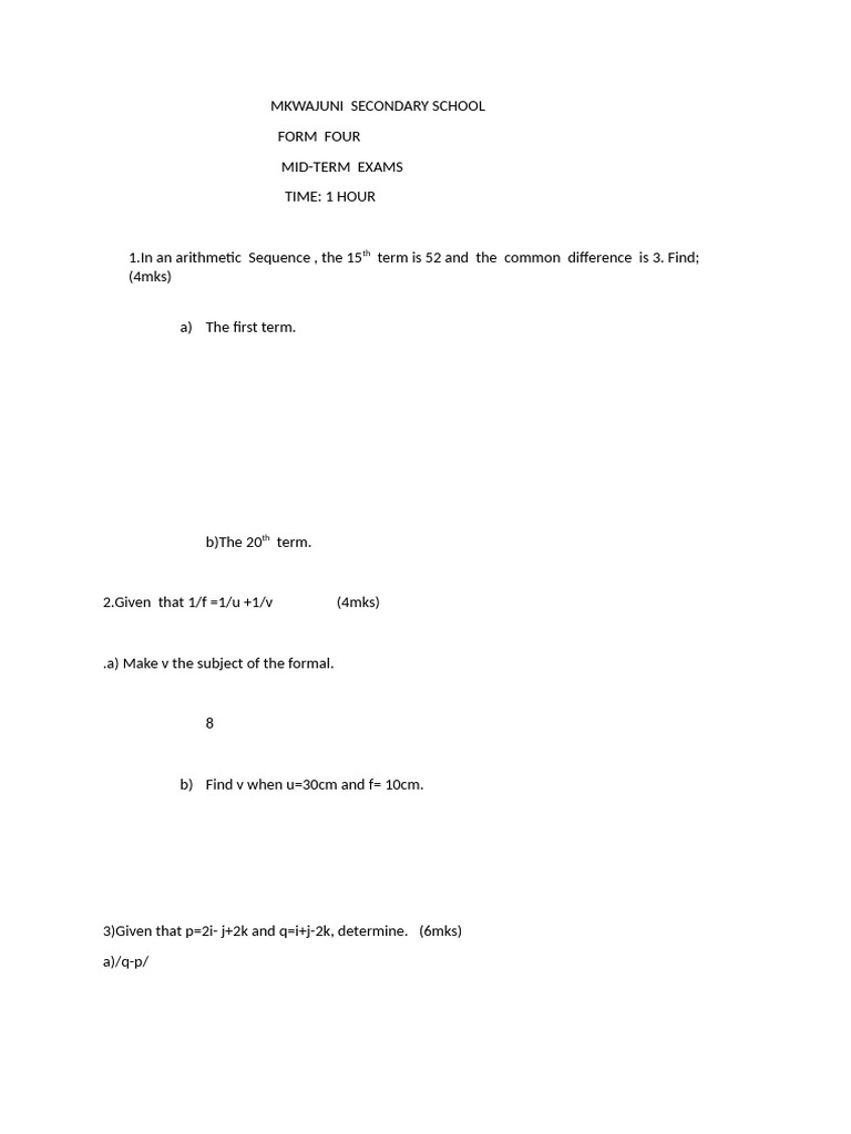 Mid-Term Exam Questions for Form Four | PDF