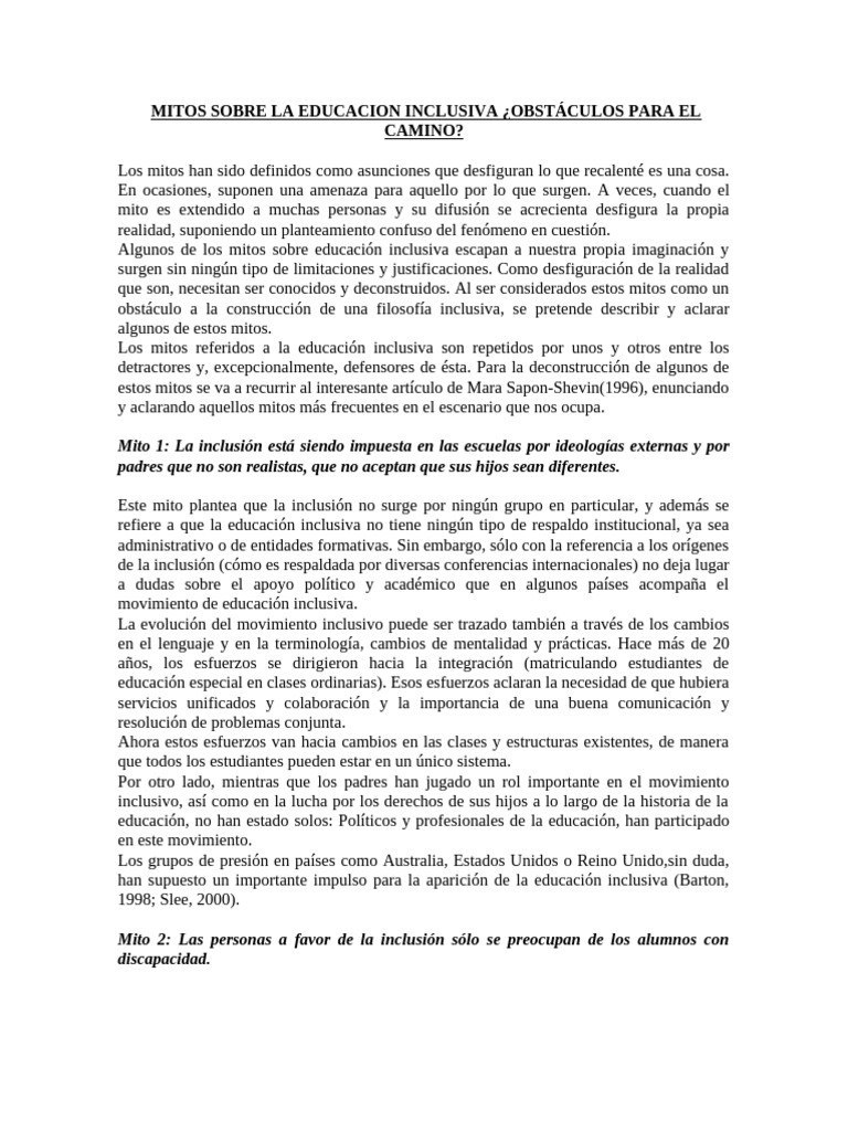 MITOS SOBRE EDUC. INCLUSIVA | PDF | Inclusión (Educación) | Educación especial