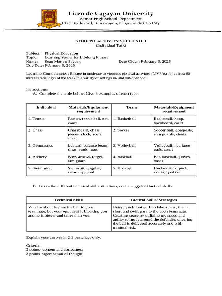 Sean Marion Sayson - Student Activity Sheet No. 1 | PDF | Ball Games | Team Sports
