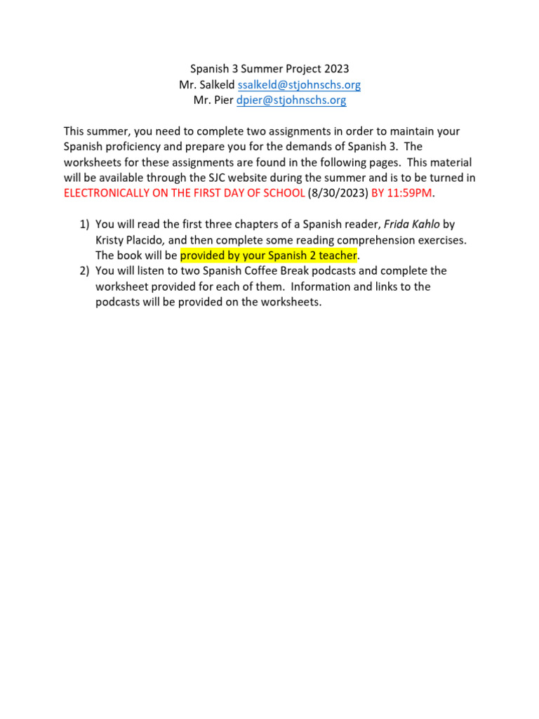 Spanish 3 Summer Project 2023ssdp | PDF