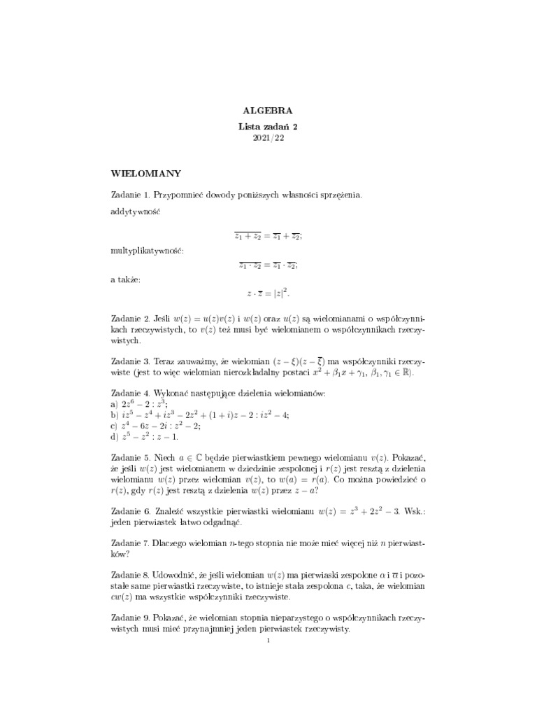 Algebra Lista 2 Wielomiany | PDF