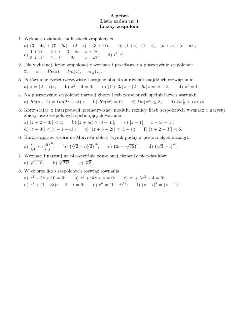 Algebra Lista 1 Liczby Zespolone | PDF