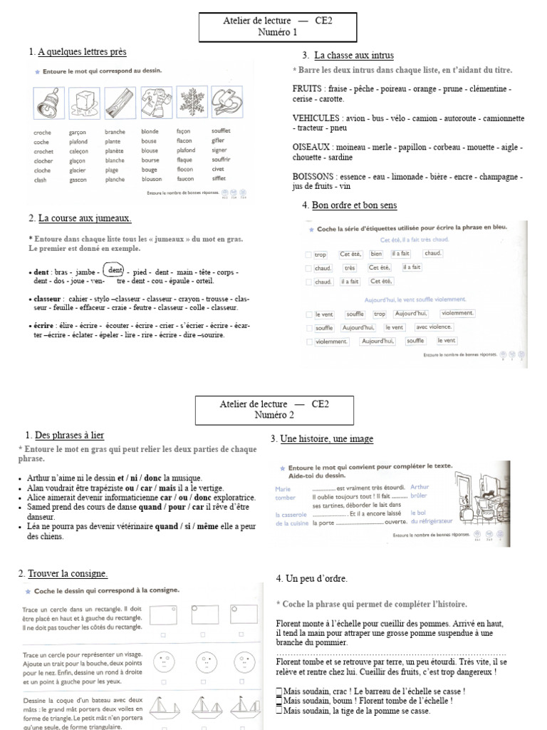 Atelier de lecture CE2 : exercices variés | PDF
