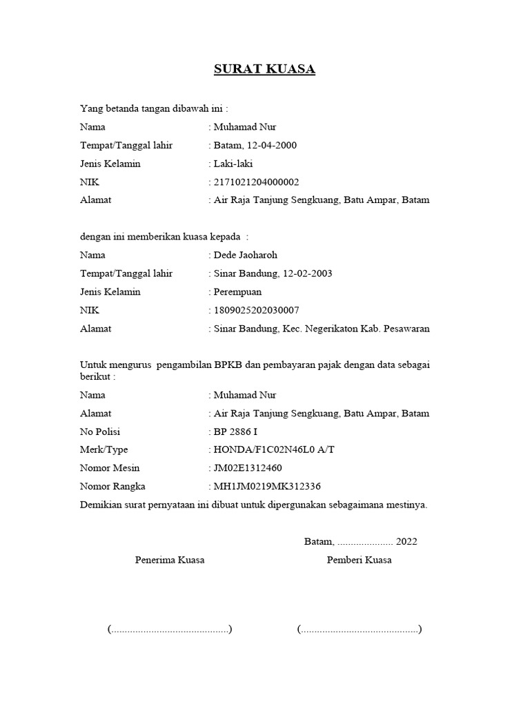 Surat Kuasa Pengambilan BPKB | PDF