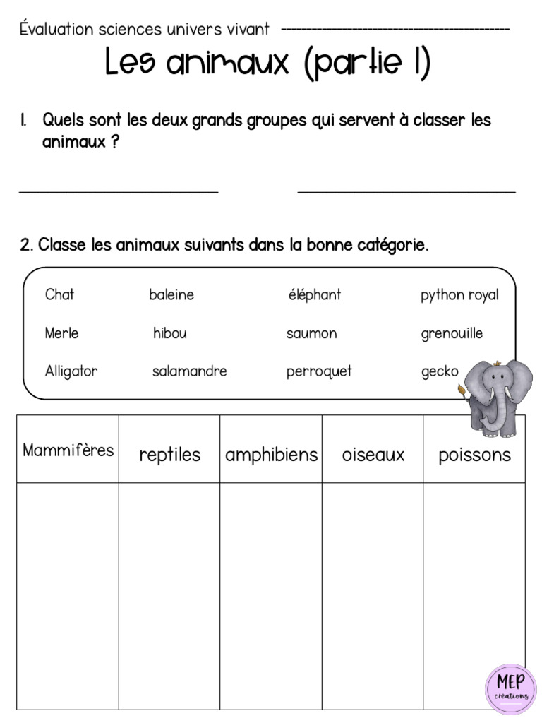 Évaluation sur la classification des animaux | PDF | Amphibiens | Reptile