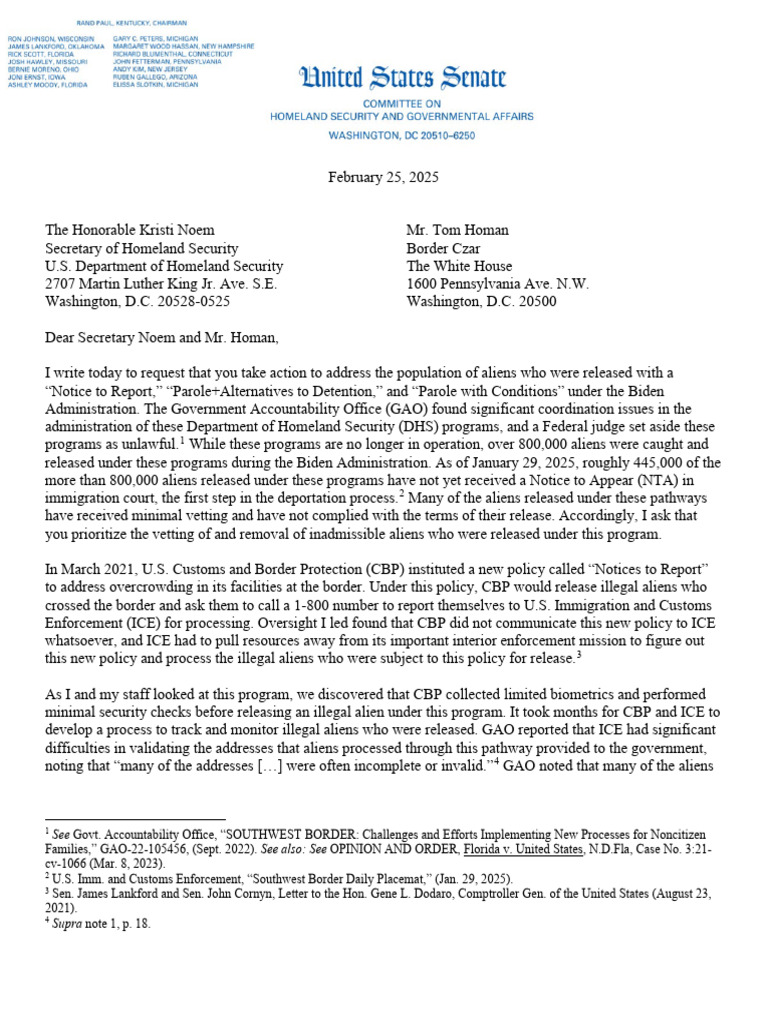 Letter To WH and DHS On Notices To Report - Final | PDF | U.S ...