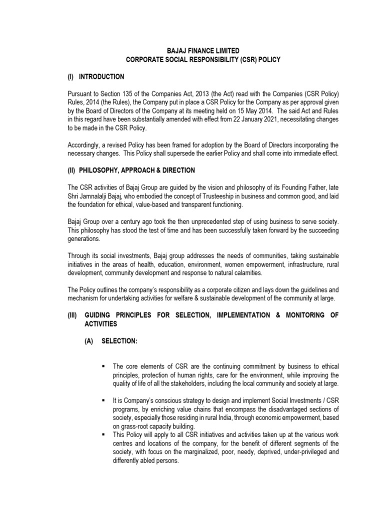 Bajaj Finance CSR Policy Overview | PDF | Corporate Social ...