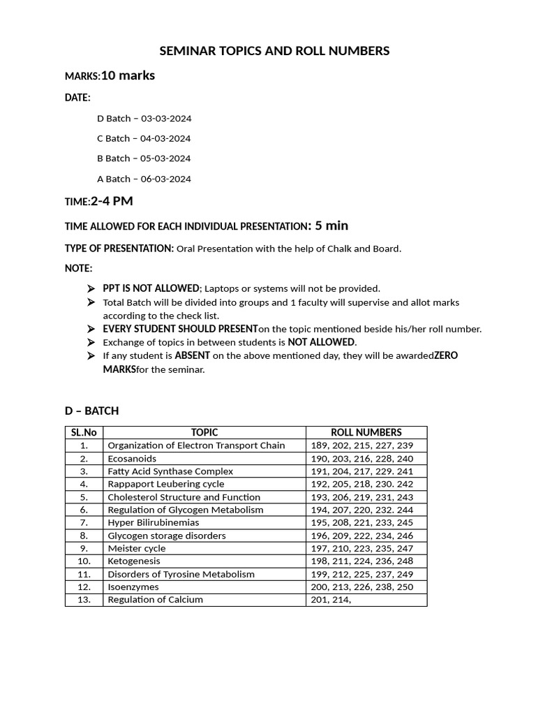 SEMINAR TOPICS AND ROLL NUMBERS (1) | PDF | Metabolism | Glycogen