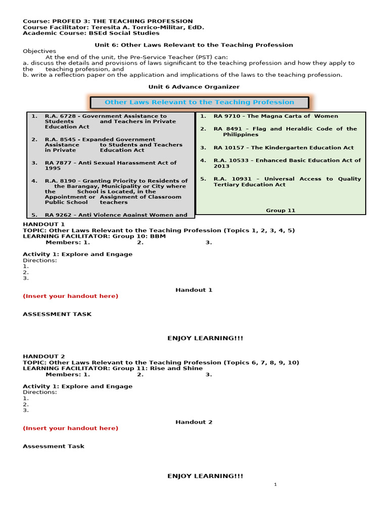 Profed 3 Handout in Unit 6 Ss 2 | PDF | Teachers | Profession
