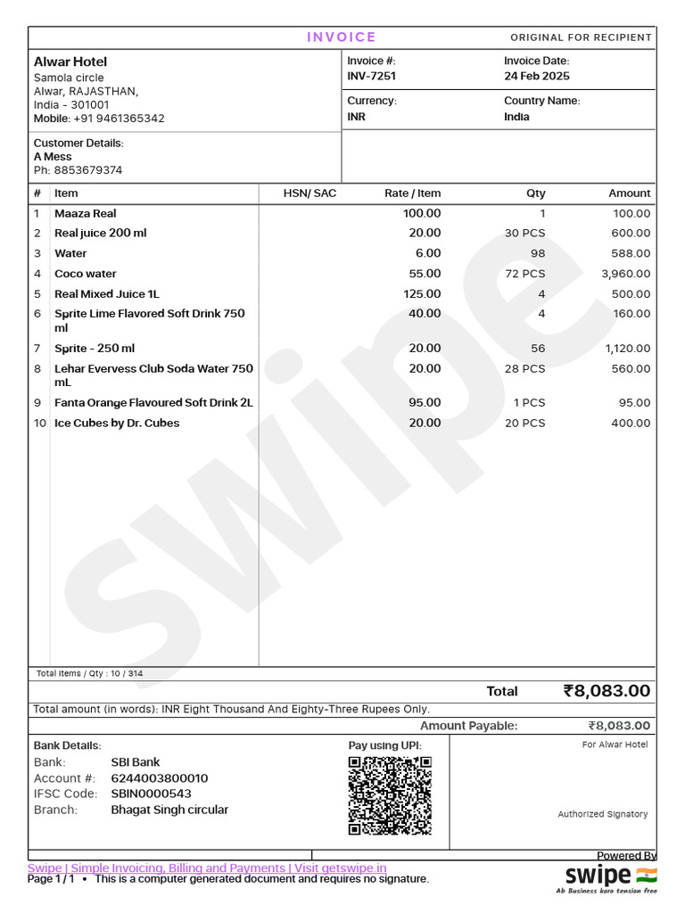 Invoice INV 7251 AMess | PDF | Soft Drink | Drink