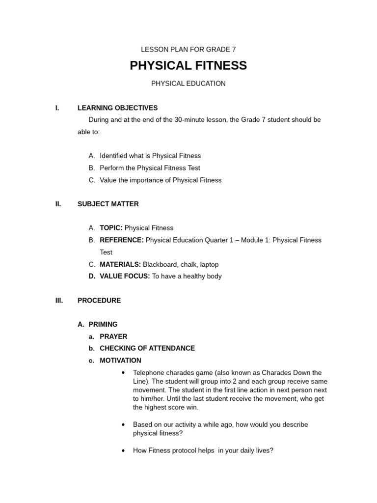 Grade 7 Physical Fitness Lesson Plan | PDF
