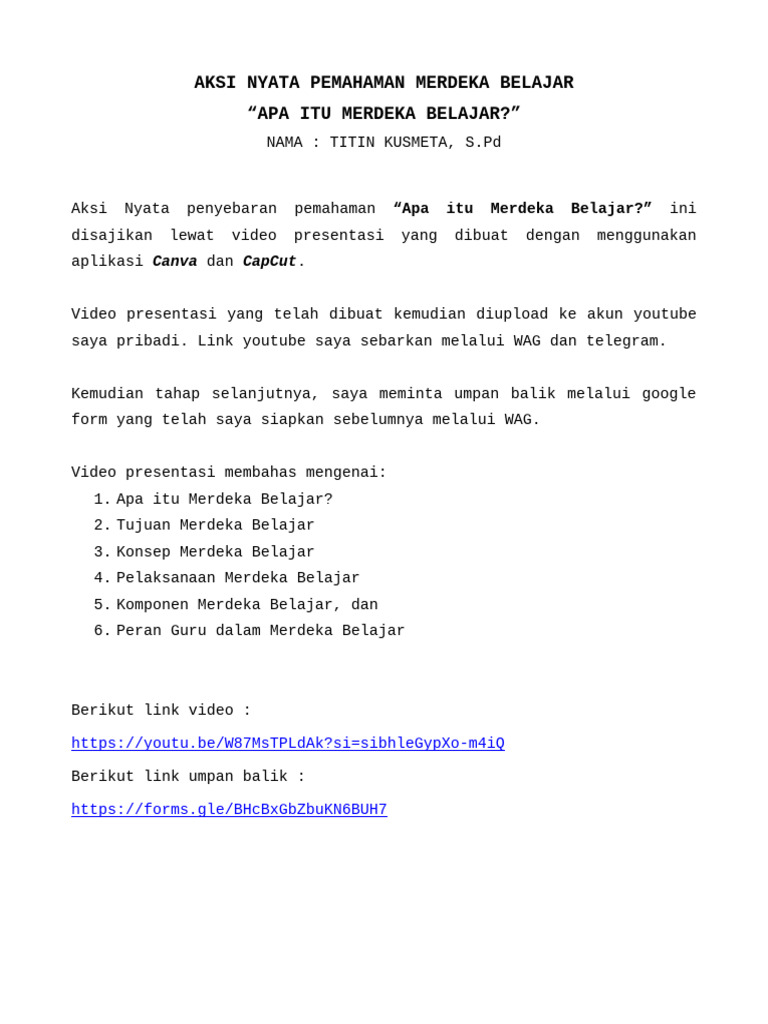 Pemahaman Merdeka Belajar dalam Video | PDF