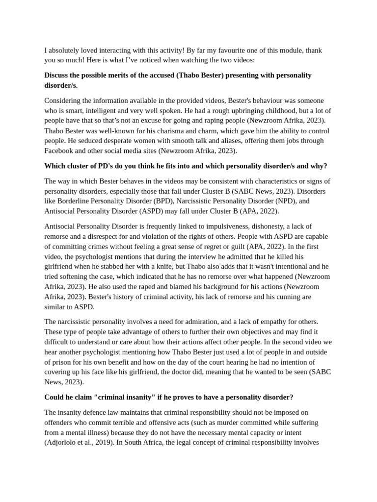 Session 9 TPP Activity 2 | PDF | Personality Disorder | Insanity Defense