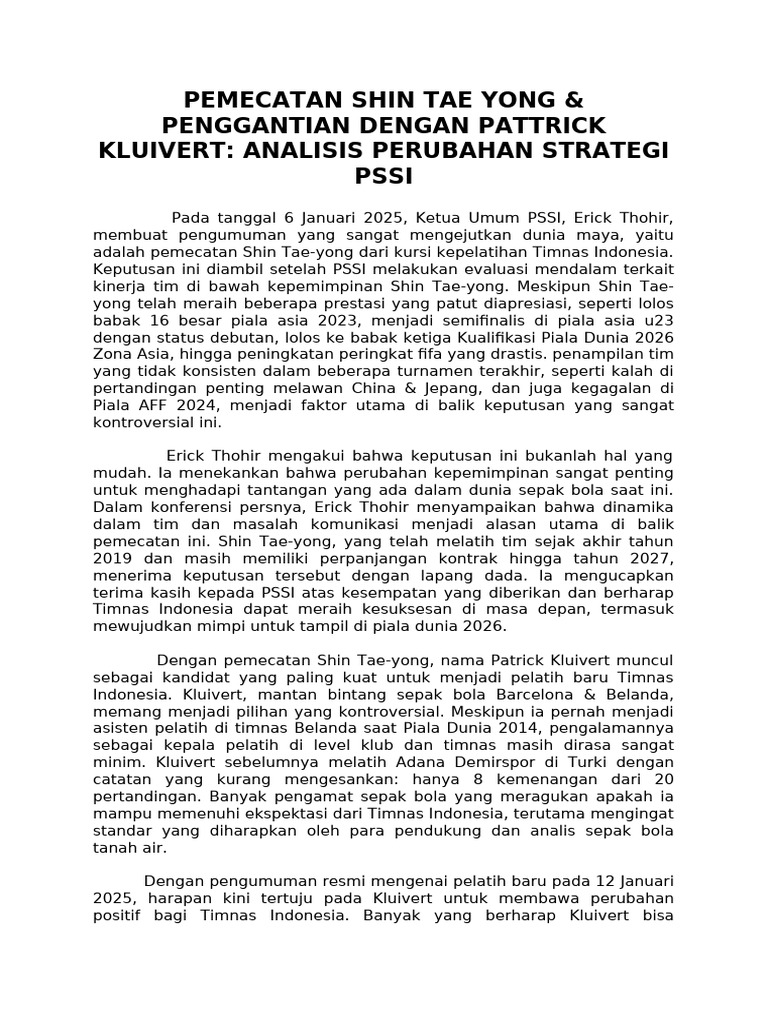 Esai Pemecatan Shin Tae Yong | PDF