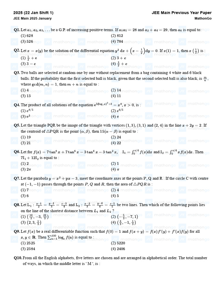 JEE Main 2025 (22 Jan Shift 1) Previous Year Paper With Answer Keys - MathonGo | PDF | Capacitor ...