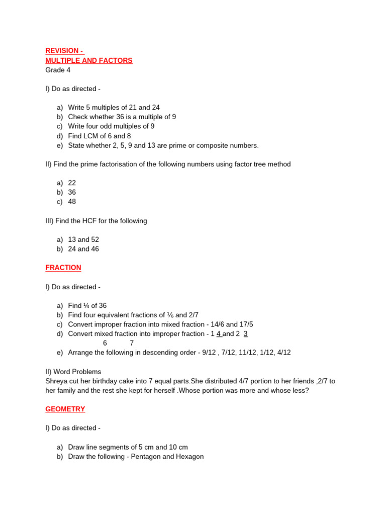 Grade 4 Math: Multiples, Fractions, Geometry | PDF