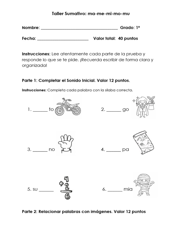 Taller Sumativo: Sílaba ma-me-mi-mo-mu | PDF