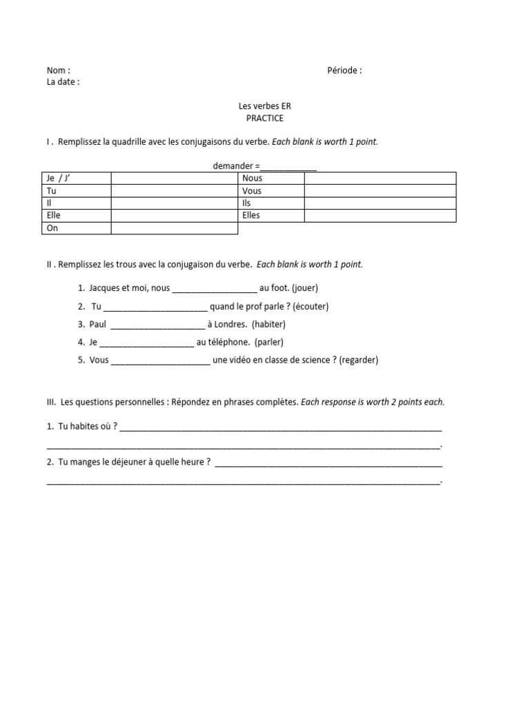 Conjugaison des verbes ER en français | PDF
