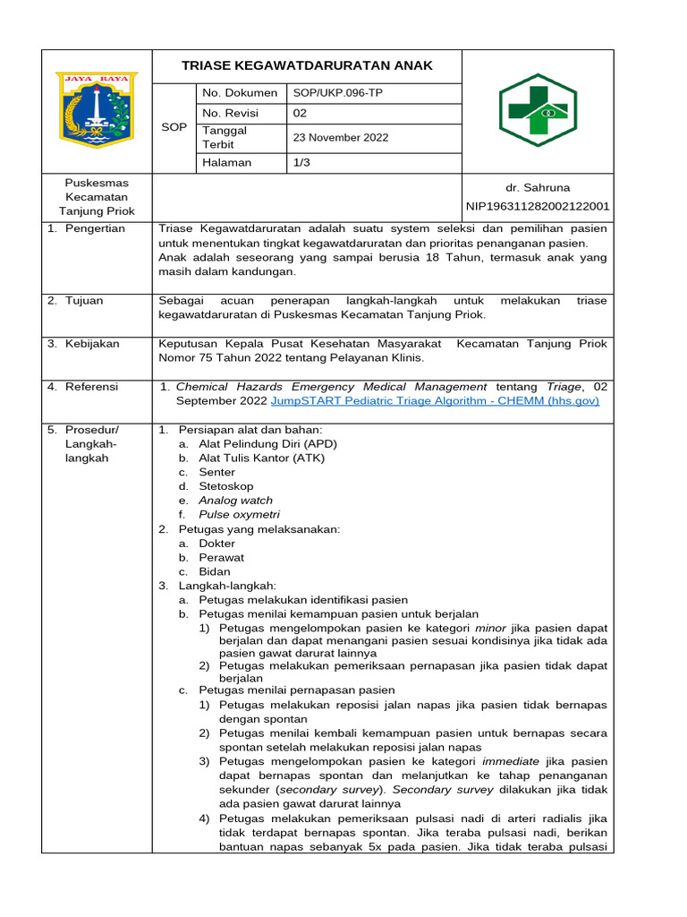 SOP Triase Kegawatdaruratan Anak | PDF