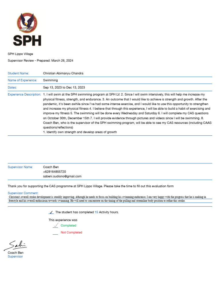 -EDIT-CAS_Completion_Form_-_Chandra_Christian_Abimanyu_-_Swimming | PDF