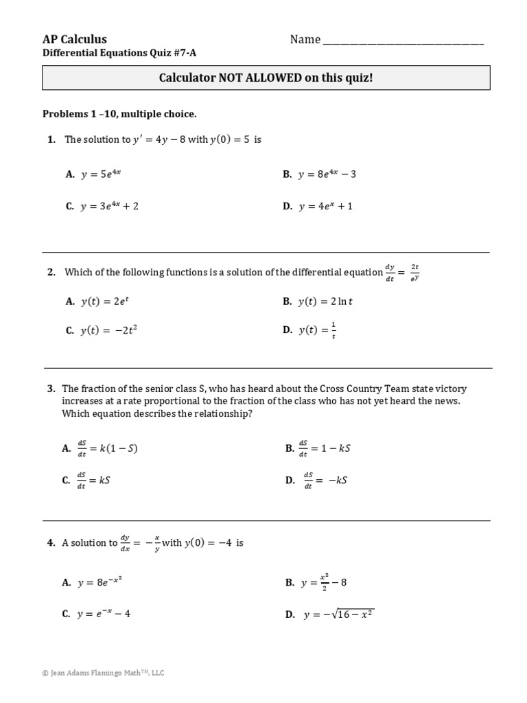 Differential Equations AP Quiz 7A | PDF | Mathematical Physics ...