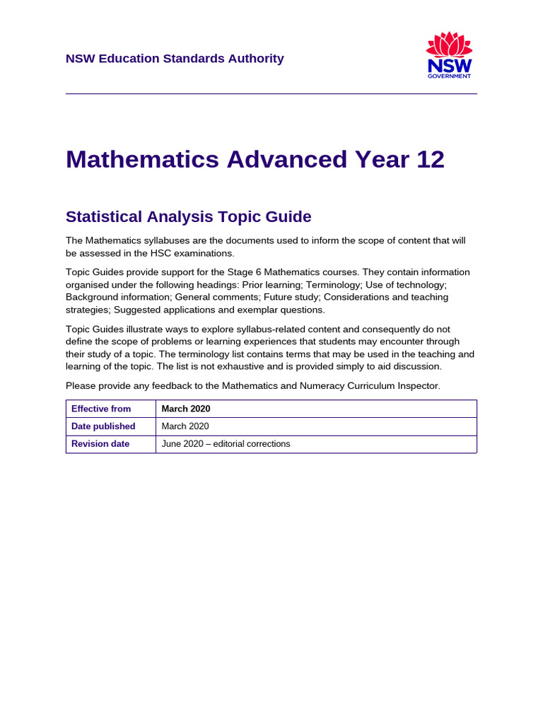 Mathematics Advanced Year 12 Topic Guide Statistical Analysis Word ...