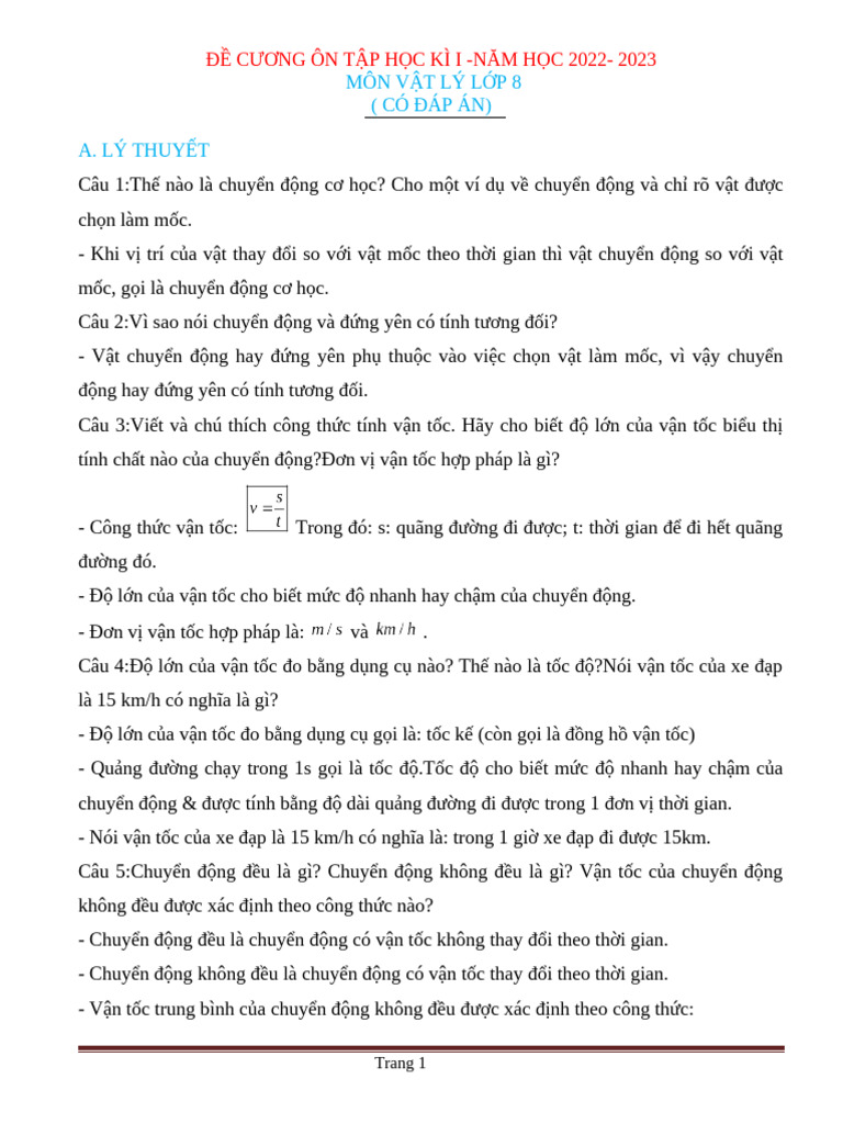 22- 23 GV De-cuong-on-tap-Vat-Li-8-HK1 | PDF