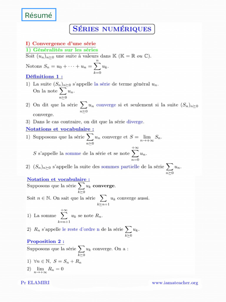 Résumé SÉRIES NUMÉRIQUES | PDF